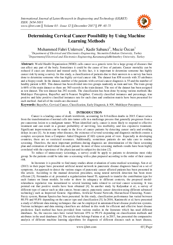 (PDF) Determining Cervical Cancer Possibility by Using Machine Learning ...