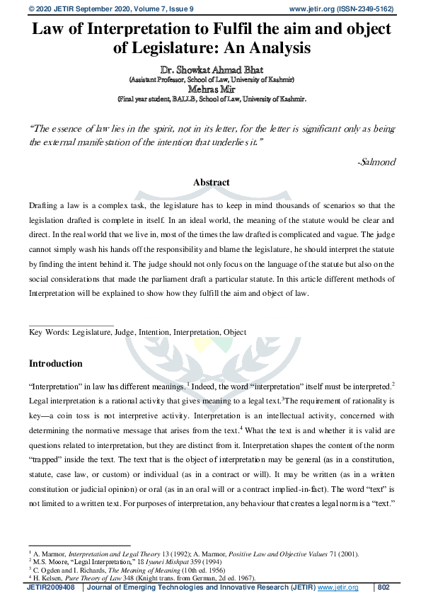 (PDF) Law of Interpretation to Fulfil the aim and object of Legislature ...