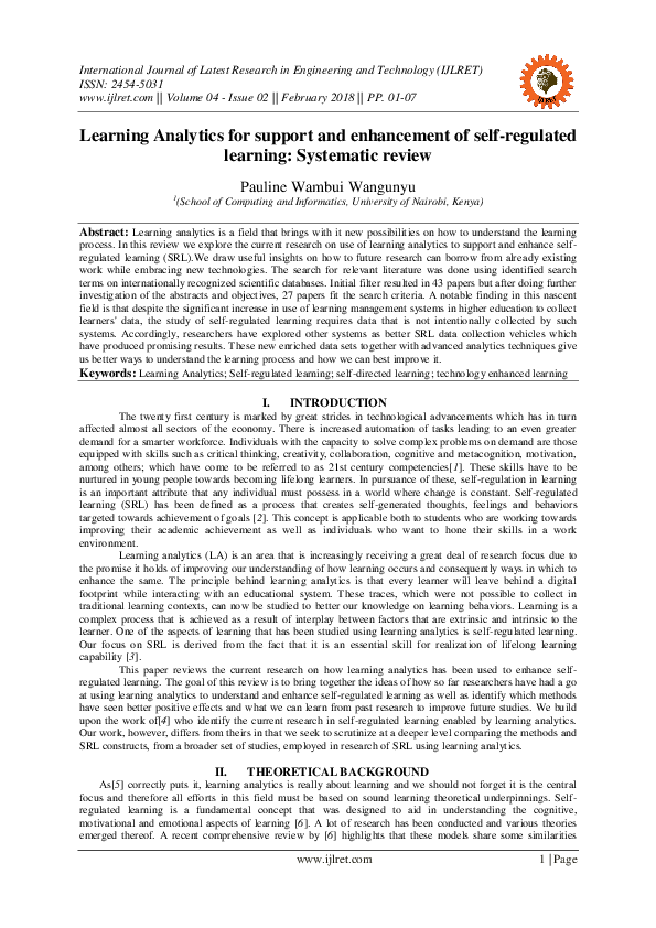 (PDF) Learning Analytics for support and enhancement of self-regulated learning: Systematic review