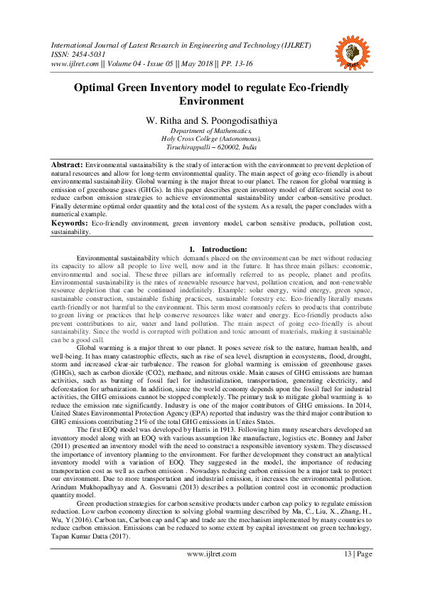 (PDF) Optimal Green Inventory model to regulate Eco-friendly Environment