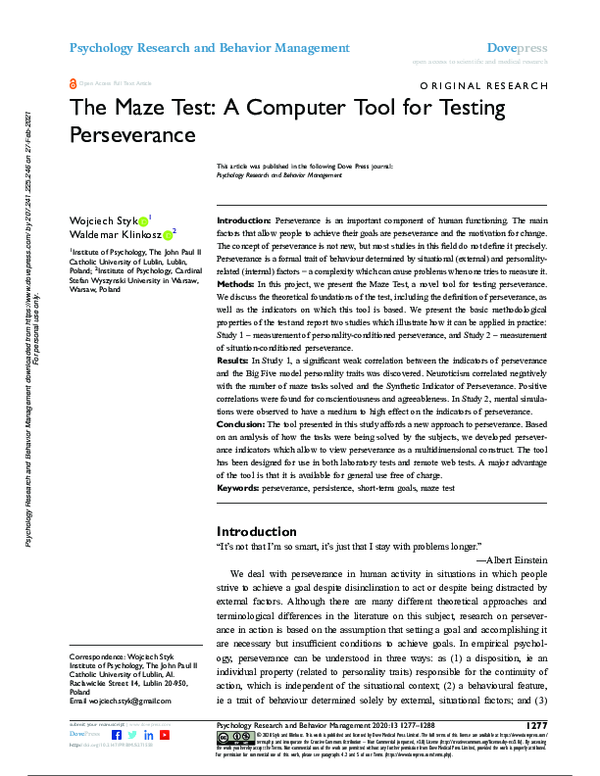 (PDF) The Maze Test: A Computer Tool for Testing Perseverance
