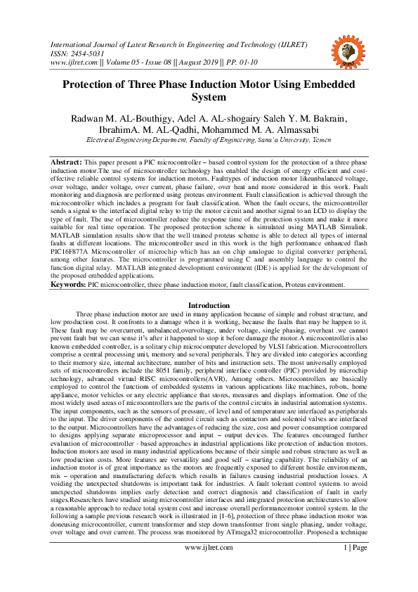 Pdf Protection Of Three Phase Induction Motor Using Embedded System