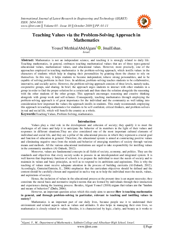 (PDF) Teaching Values via the Problem-Solving Approach in Mathematics | IJLRET Journal ...