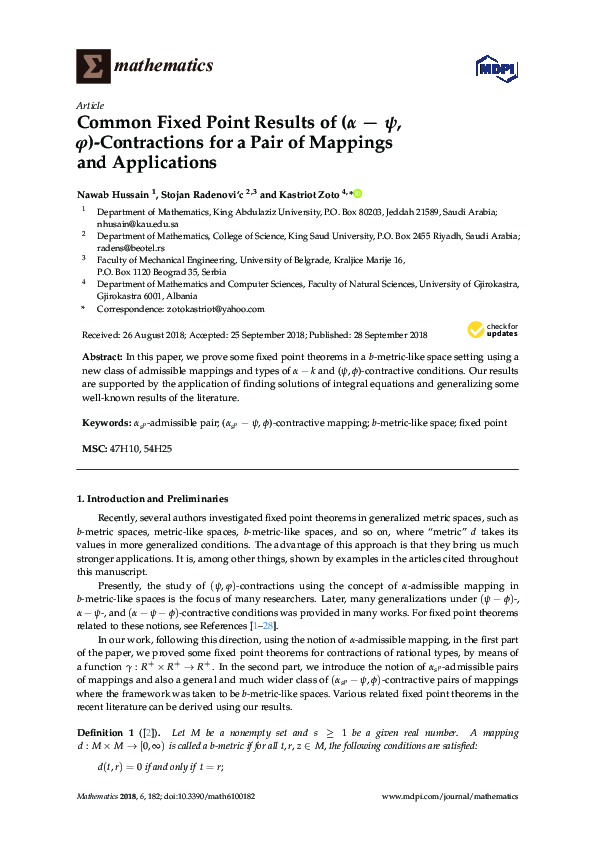 (PDF) Common Fixed Point Results of (α − ψ, φ)-Contractions for a Pair of Mappings and Applications