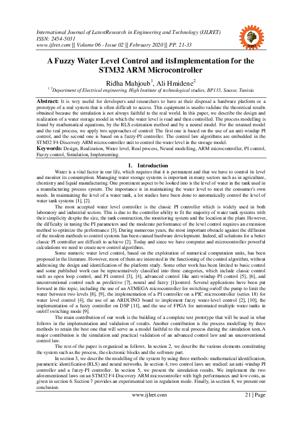 Pdf A Fuzzy Water Level Control And Itsimplementation For The Stm32 Arm Microcontroller