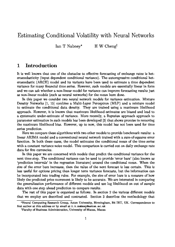 (PDF) Estimating conditional volatility with neural networks