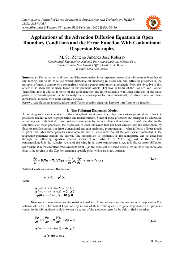Pdf Advection Diffusion Equations With Error Functions In Contaminant