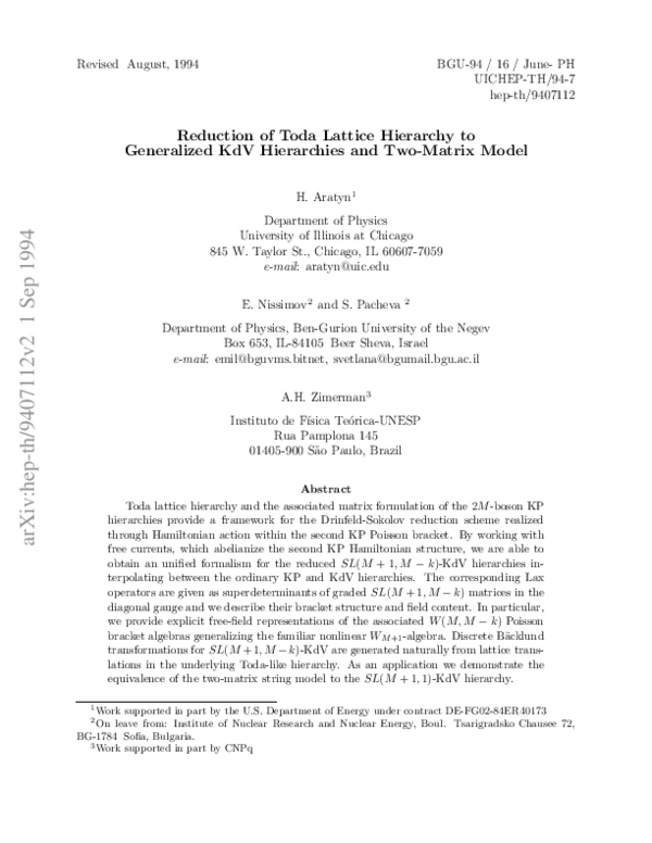 (PDF) Reduction of Toda Lattice Hierarchy to Generalized KdV Hierarchies and the Two-Matrix ...
