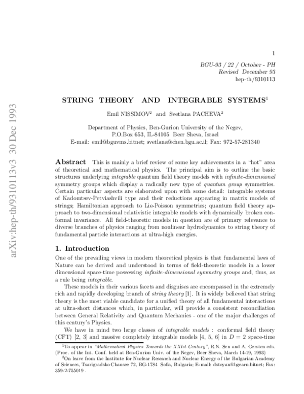(PDF) String Theory and Integrable Systems