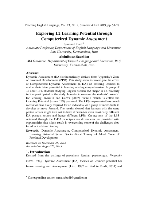 (PDF) Exploring L2 Learning Potential through Computerized Dynamic Assessment
