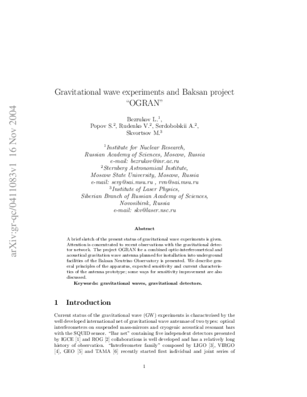 (PDF) Gravitational wave experiments and Baksan project