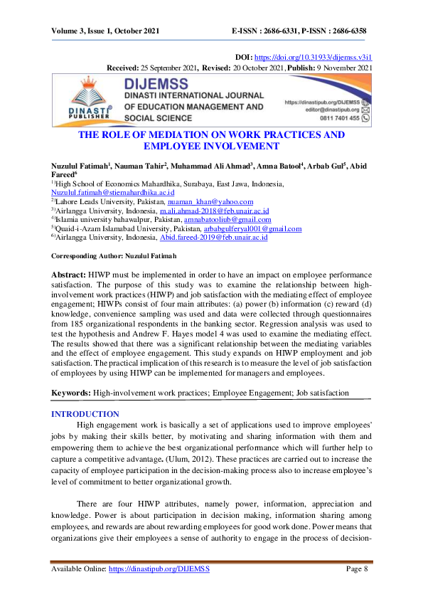 (PDF) The Role of Mediation on Work Practices and Employee Involvement