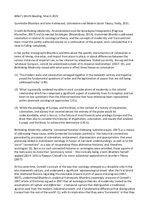 (PDF) Gurminder K. Bhambra and John Holmwood, Colonialism and Modern ...