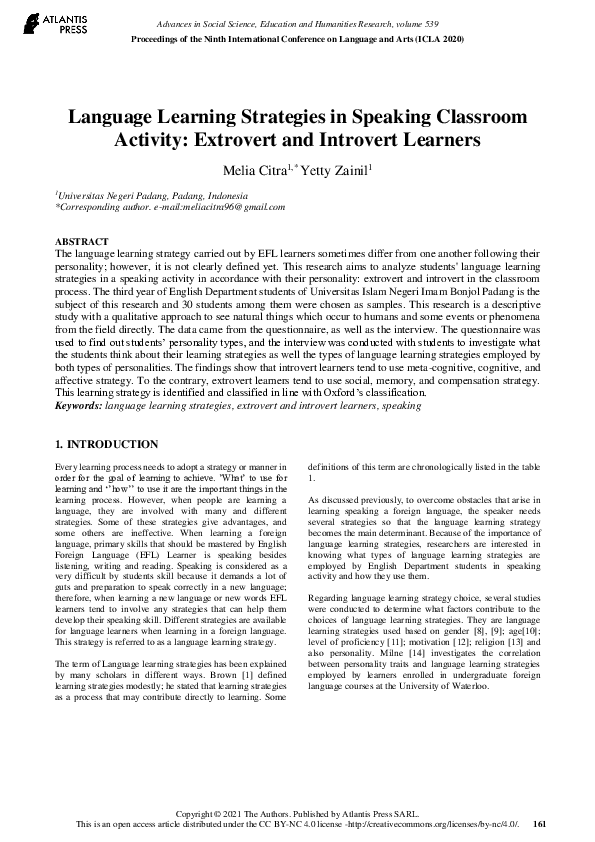 Pdf Language Learning Strategies In Speaking Classroom Activity Extrovert And Introvert Learners