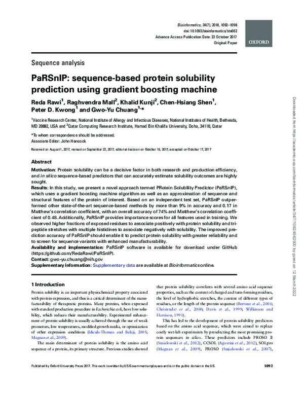 Pdf Parsnip Sequence Based Protein Solubility Prediction Using Gradient Boosting Machine