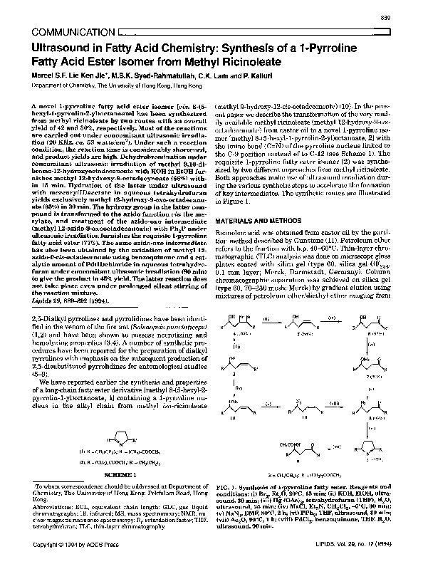 (PDF) Ultrasound in fatty acid chemistry: Synthesis of a 1-pyrroline ...