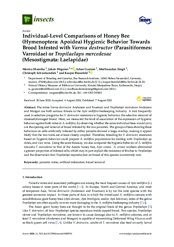 (PDF) Individual-Level Comparisons of Honey Bee (Hymenoptera: Apoidea) Hygienic Behavior Towards ...