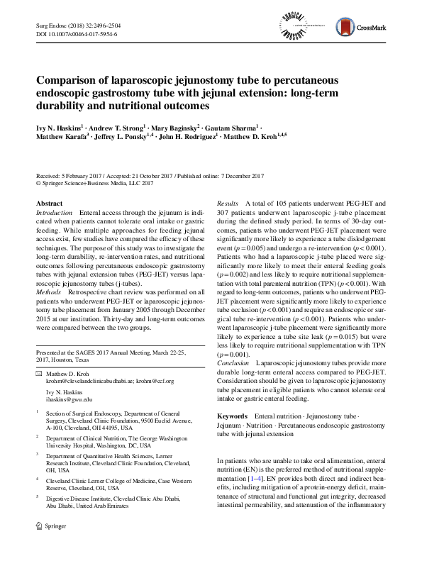 (PDF) Comparison of laparoscopic jejunostomy tube to percutaneous ...