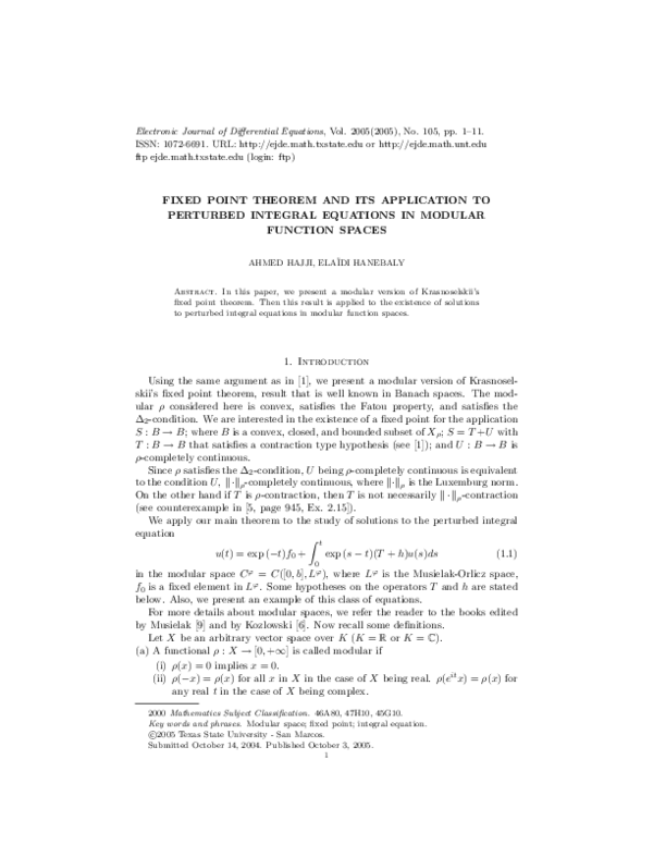 Pdf Fixed Point Theorem And Its Application To Perturbed Integral Equations In Modular