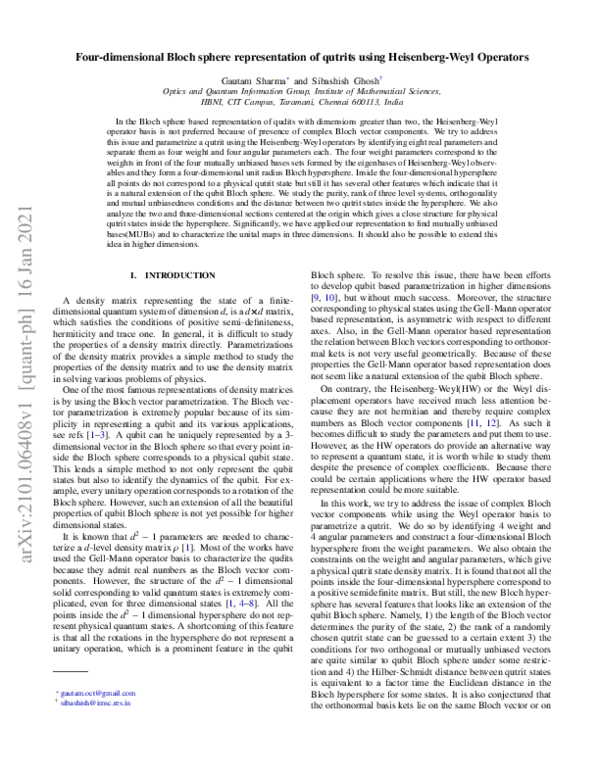 (PDF) Four-dimensional Bloch sphere representation of qutrits using Heisenberg-Weyl Operators