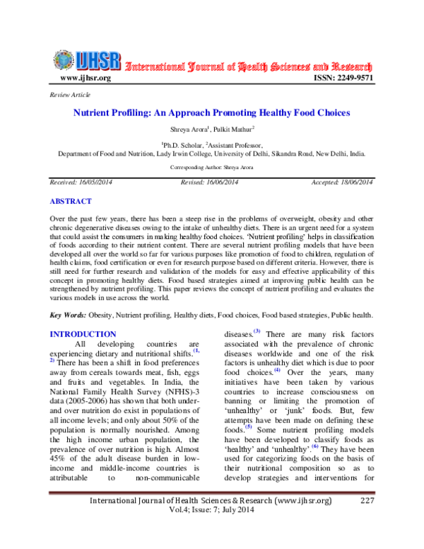 (PDF) Nutrient Profiling: An Approach Promoting Healthy Food Choices