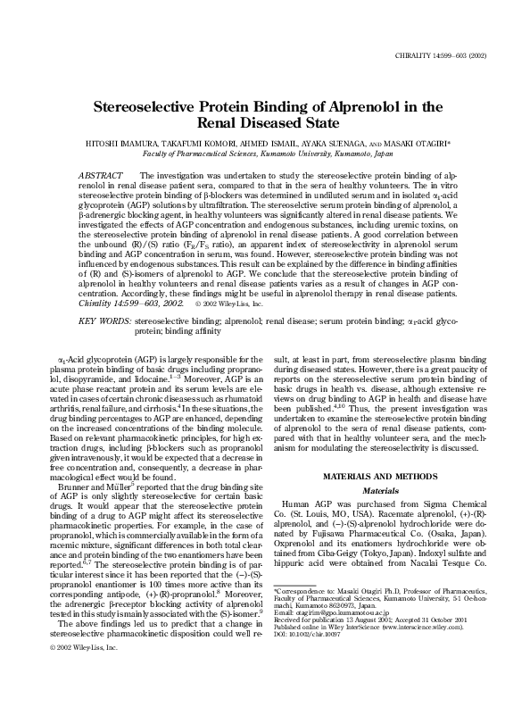 (PDF) Stereoselective protein binding of alprenolol in the renal ...
