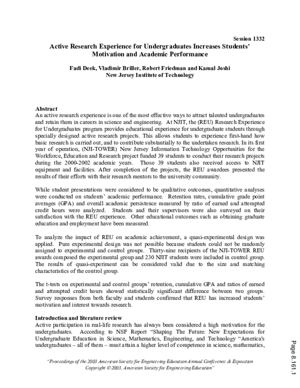 (PDF) Active Research Experience For Undergraduates Increases Students ...