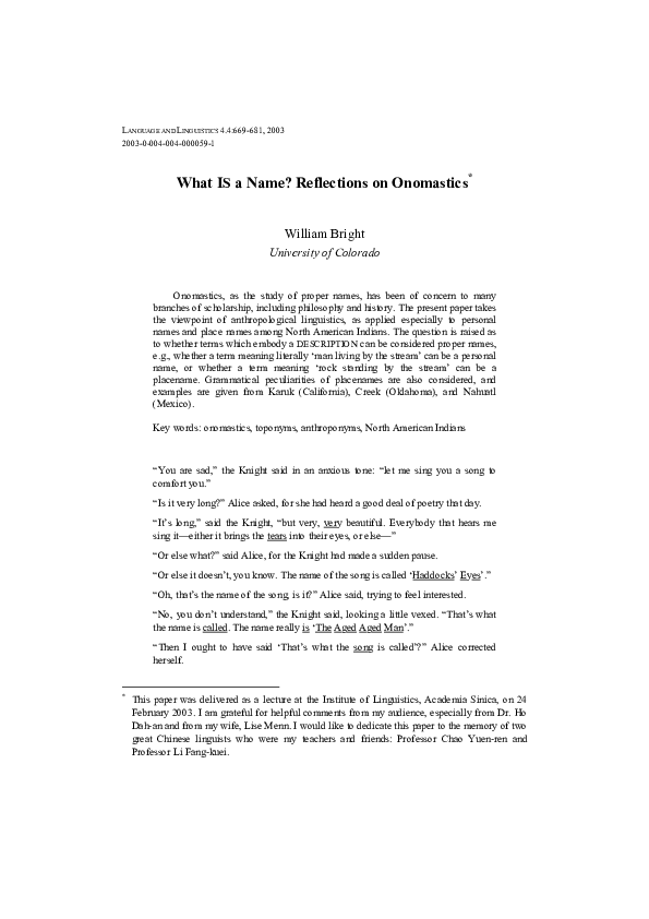(PDF) What IS a Name? Reflections on Onomastics