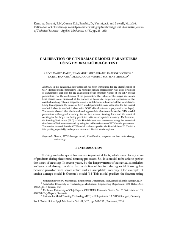 (PDF) Calibration of GTN damage model parameters using hydraulic bulge ...