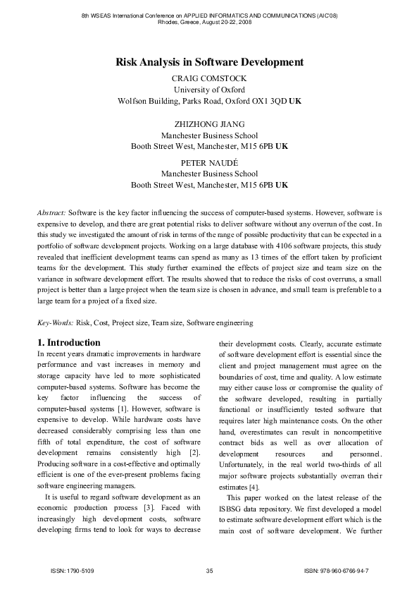 (PDF) Risk analysis in software development