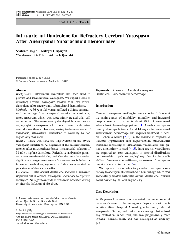 (PDF) Intra-arterial Dantrolene for Refractory Cerebral Vasospasm After Aneurysmal Subarachnoid ...