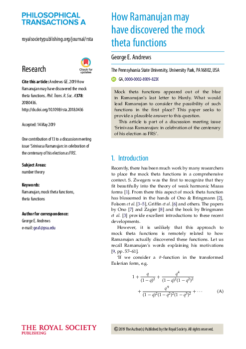 (PDF) How Ramanujan may have discovered the mock theta functions