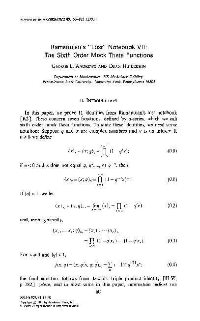 (PDF) Ramanujan's “lost” notebook VII: The sixth order mock theta functions