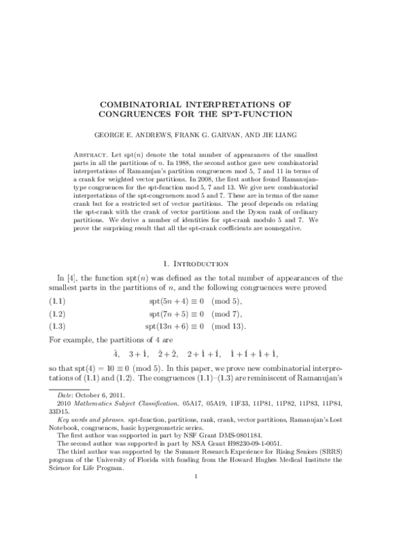 (PDF) Combinatorial interpretations of congruences for the spt-function