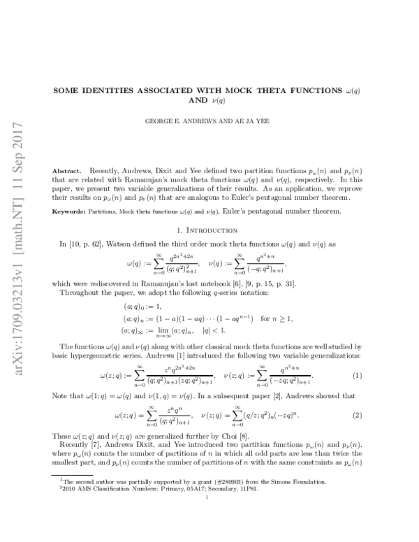 Pdf Some Identities Associated With Mock Theta Functions Omega Q