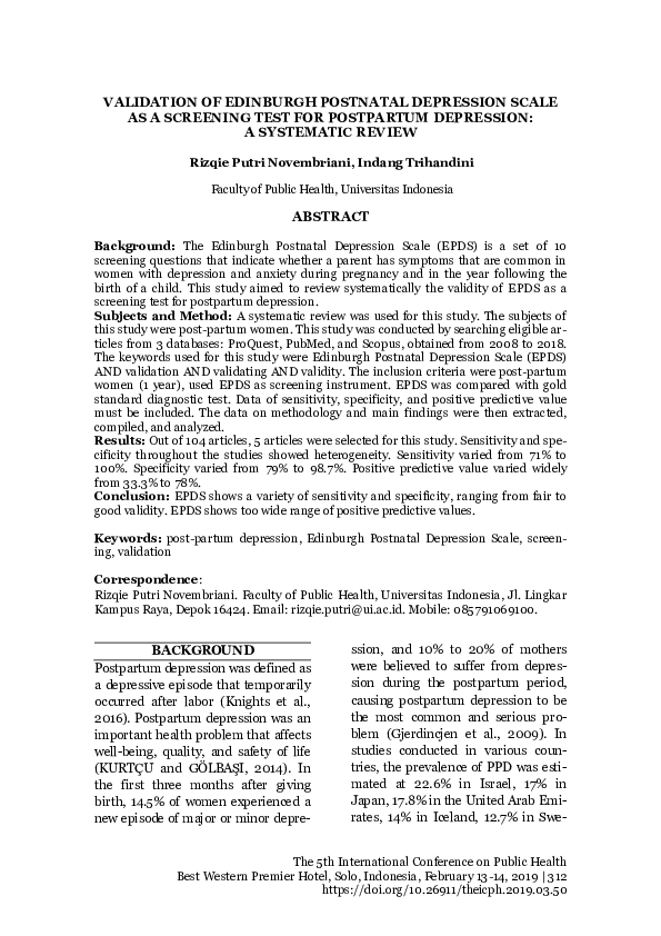 (PDF) Validation of Edinburgh Postnatal Depression Scale as a Screening ...