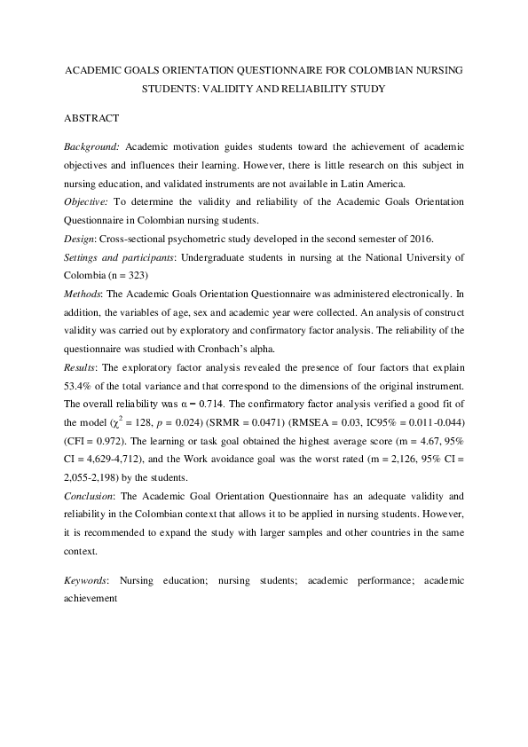 (PDF) Academic goals orientation questionnaire for Colombian nursing ...