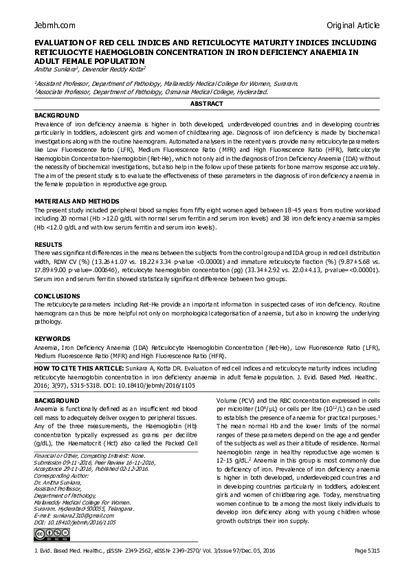 (PDF) Evaluation of Red Cell Indices and Reticulocyte Maturity Indices ...