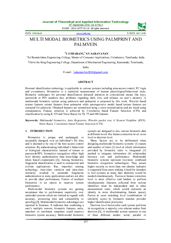 (PDF) Multi Modal Biometrics Using Palmprint and Palmvein