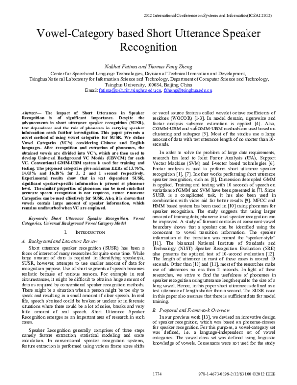 (PDF) Vowel-category based Short Utterance Speaker Recognition
