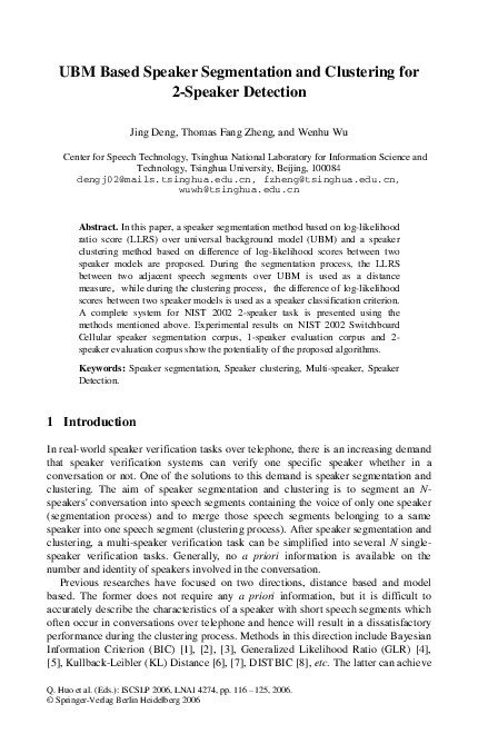 (PDF) UBM Based Speaker Segmentation and Clustering for 2Speaker Detection