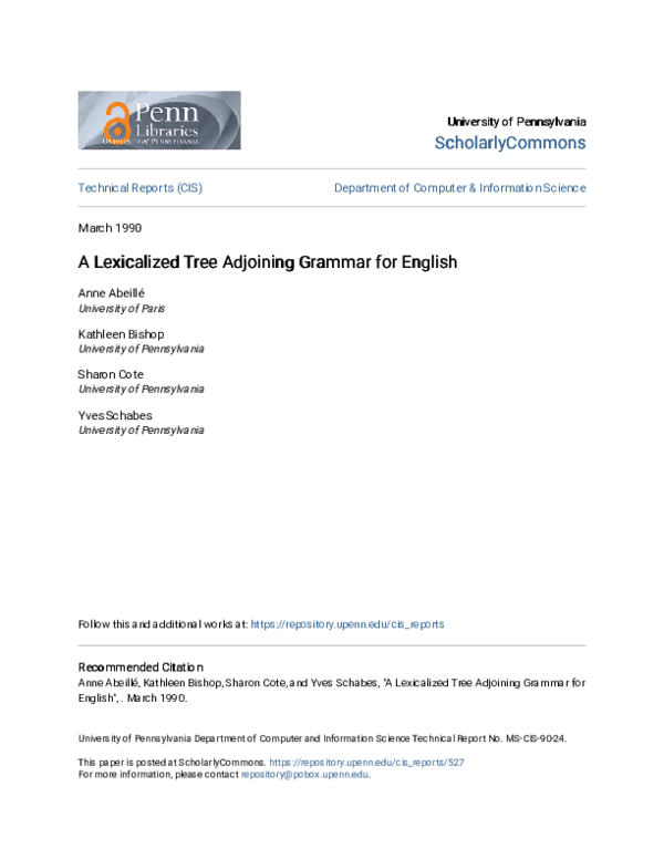 Pdf A Lexicalized Tree Adjoining Grammar For English 