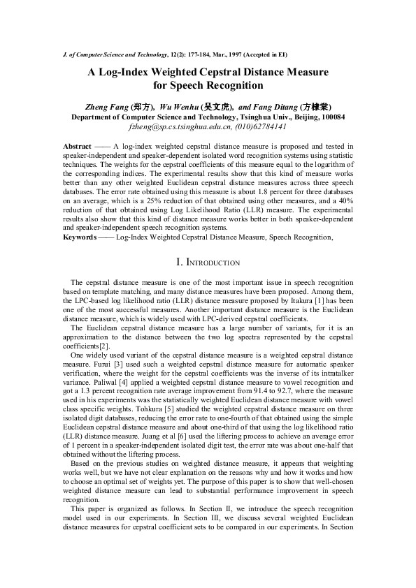 (PDF) A log-index weighted cepstral distance measure for speech recognition