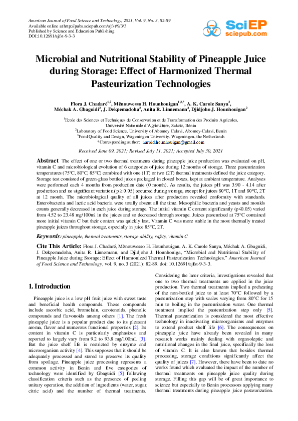 (PDF) Microbial and Nutritional Stability of Pineapple Juice during Storage: Effect of ...