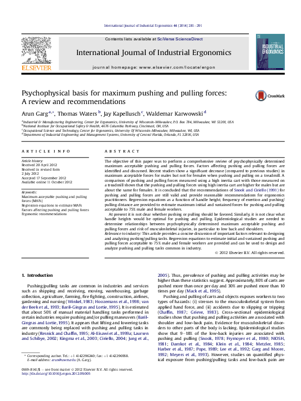 (PDF) Psychophysical basis for maximum pushing and pulling forces: A ...