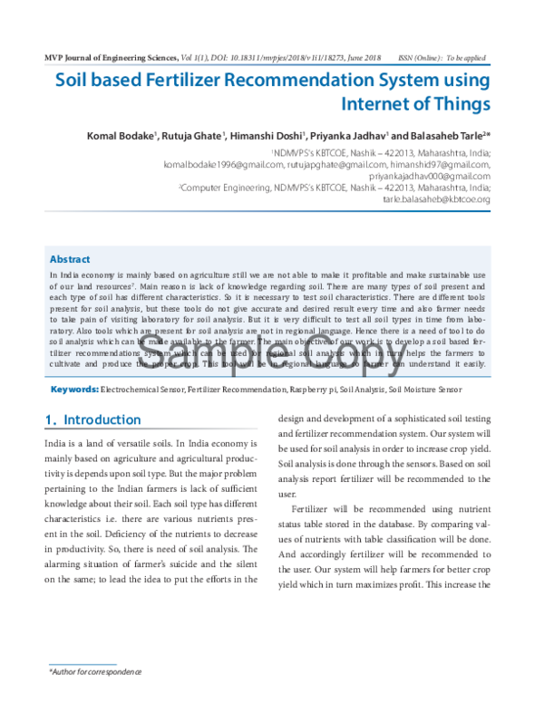 (PDF) Soil based Fertilizer Recommendation System using Internet of Things