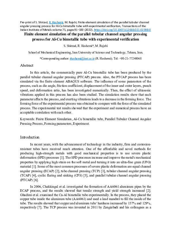(PDF) Finite element simulation of the parallel tubular channel angular pressing process for Al ...