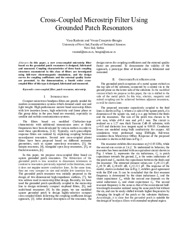 (PDF) Cross-coupled microstrip filter using grounded patch resonators