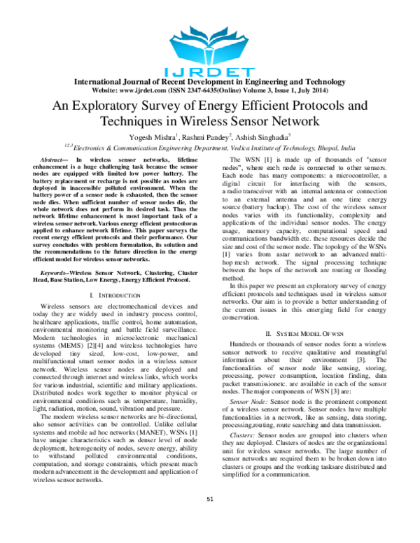 Pdf An Exploratory Survey Of Energy Efficient Protocols And Techniques In Wireless Sensor Network