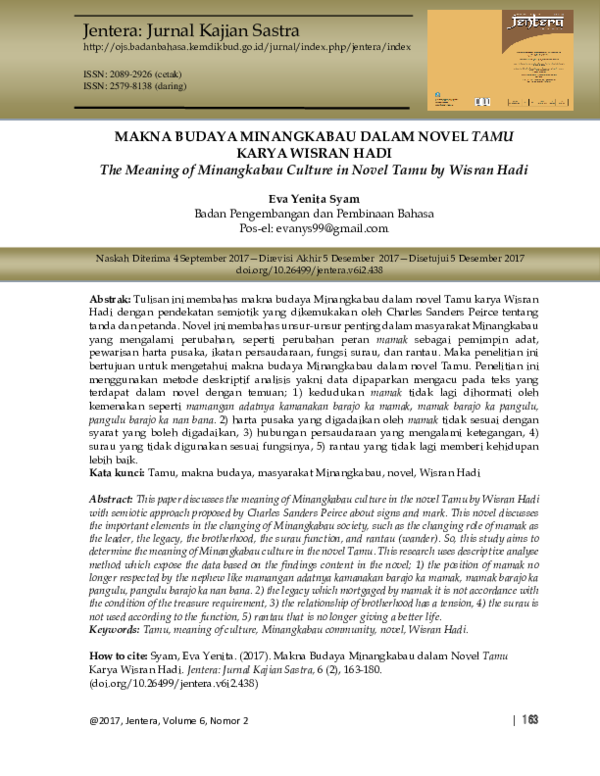 (PDF) Simbol Budaya pada Novel Tamu Karya Wisran Hadi